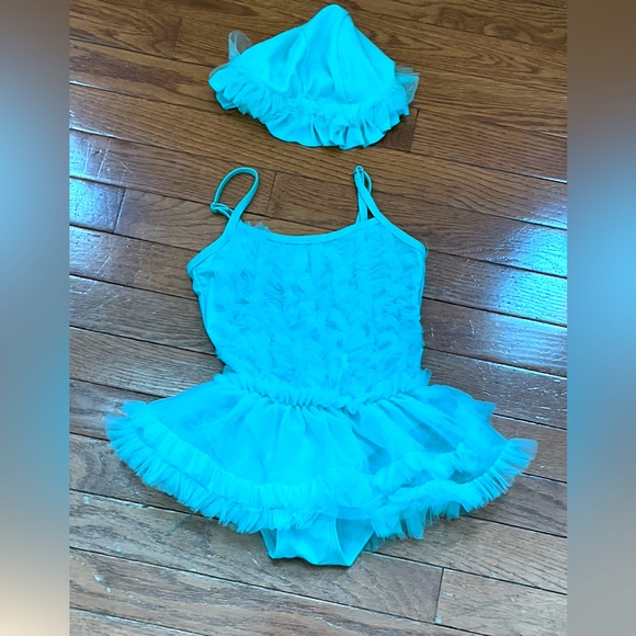 Swim | Teal Blue Ruffle Bathing Suit With Cap | Poshmark